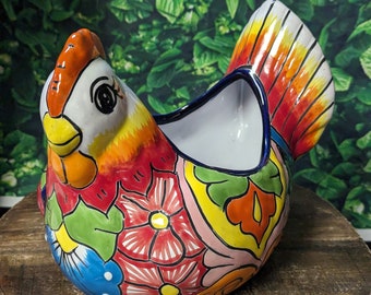 New Talavera Style Rooster Hen Chicken Colorful White Orange Planter ...