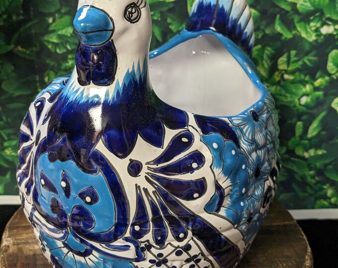 New Talavera Style Large Rooster Hen Chicken Dark Light Navy Blue White ...