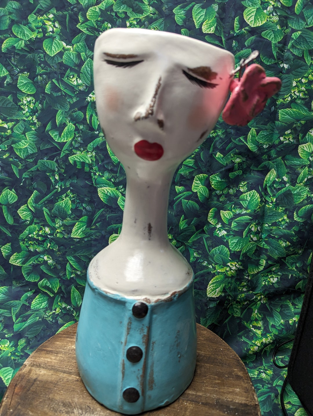 New Baby Blue Pottery Tall Neck Vintage Lady Head Planter Flower Vase ...