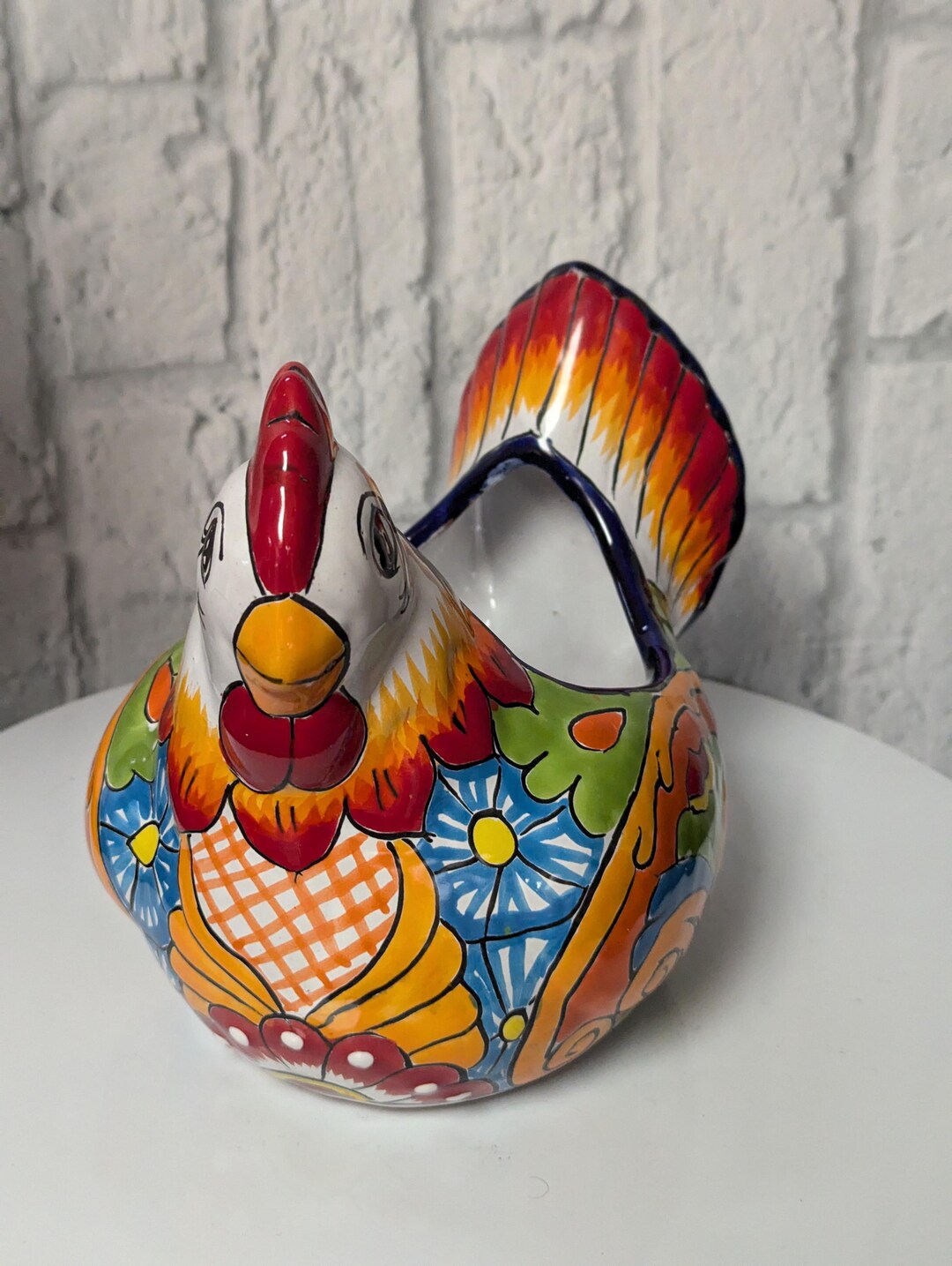 New Talavera Style Hen Chicken Colorful Rooster White Orange Planter ...