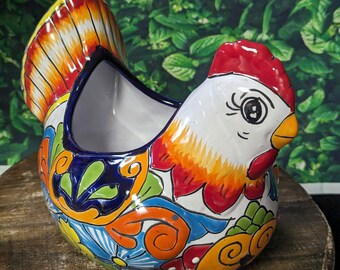 New Talavera Style Rooster Hen Chicken Colorful White Orange Planter ...