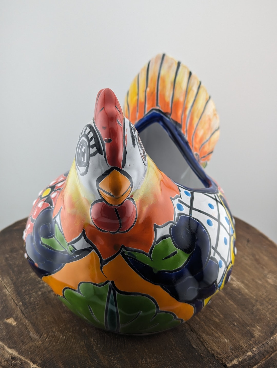 New Talavera Style Rooster Hen Chicken Colorful White Orange Planter ...