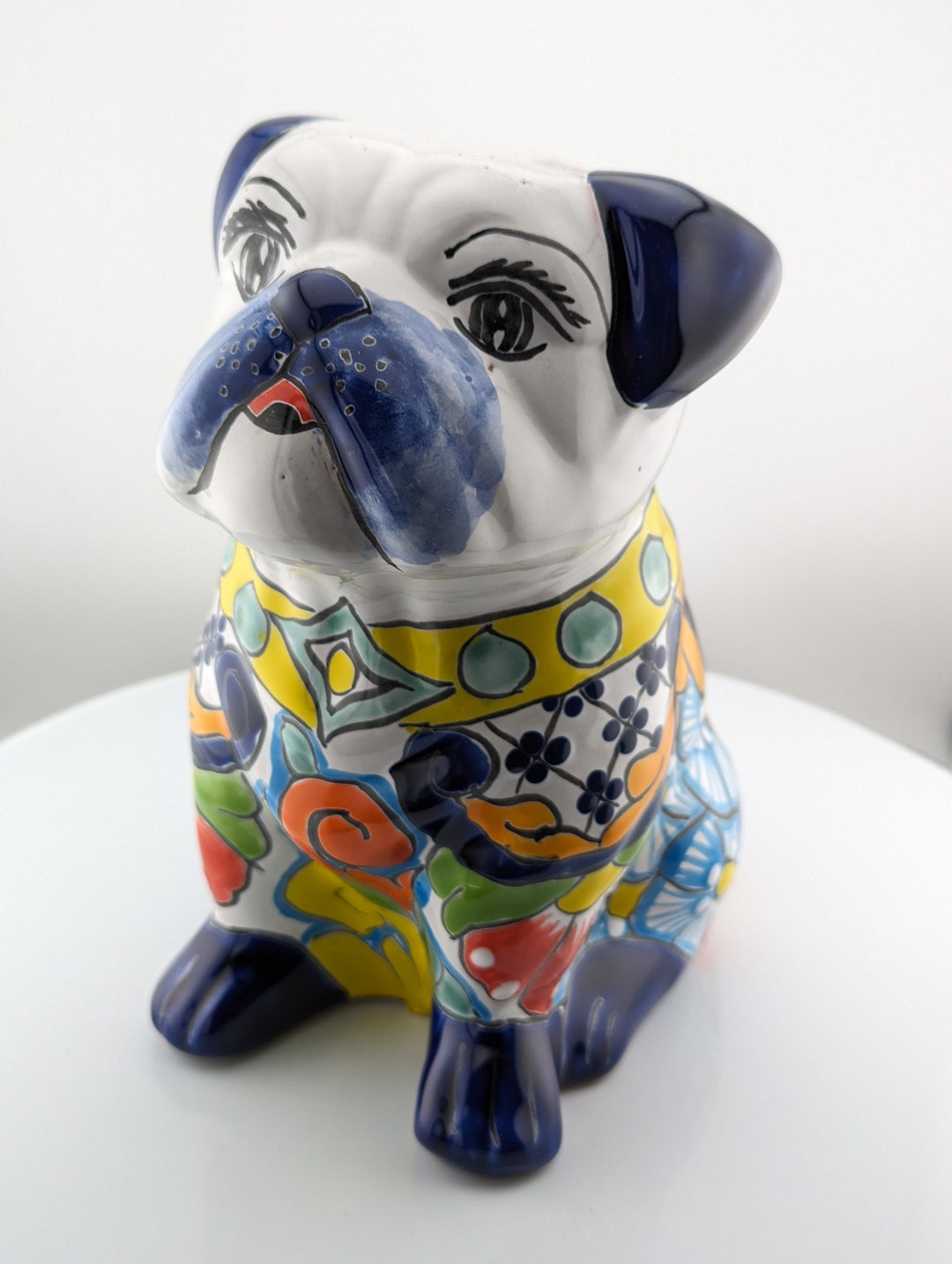 New Talavera Style Boxer Dog Colorful Blue White Planter Hand Made Hand ...