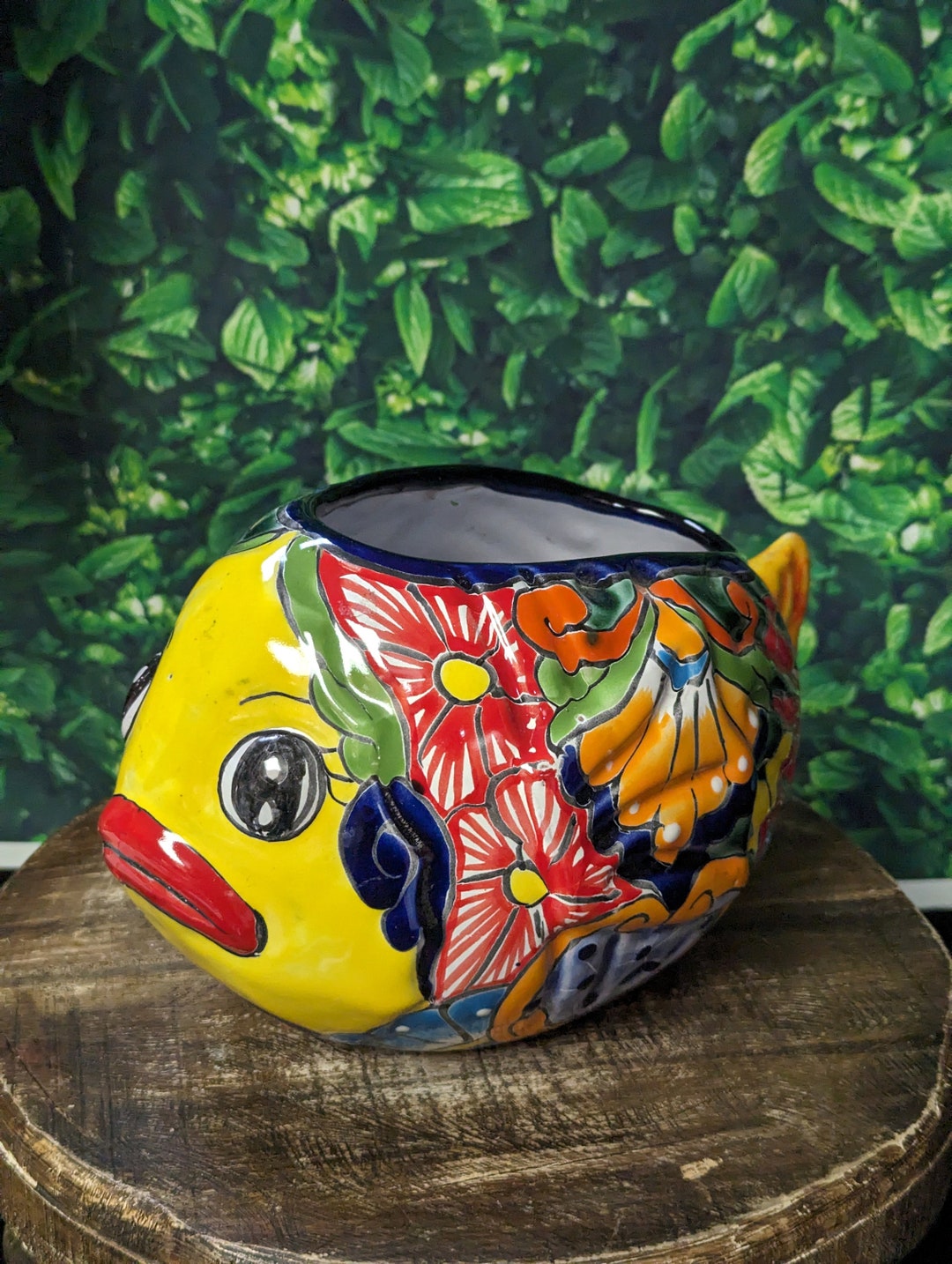 New Talavera Style Colorful Yellow Red Fat Wide Body Fish Planter Hand ...