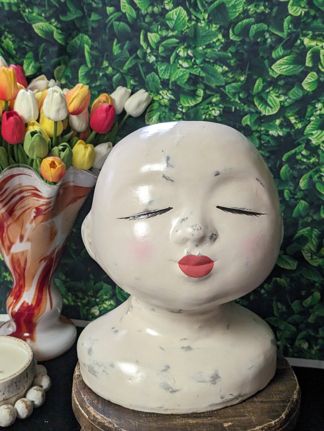 New Vintage Pottery Fat Large Lady Head Planter Vase Head Statue Doll ...