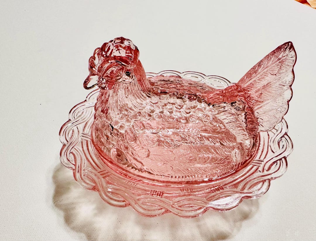 Mosser Pink Glass Hen on Nest Split Tail Eggs Marked Vintage 7" Candy ...
