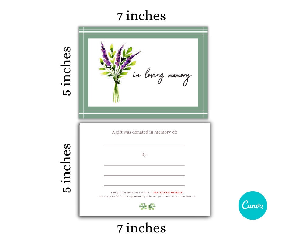 Memorial Donation Notification Card || Editable Canva Template for ...