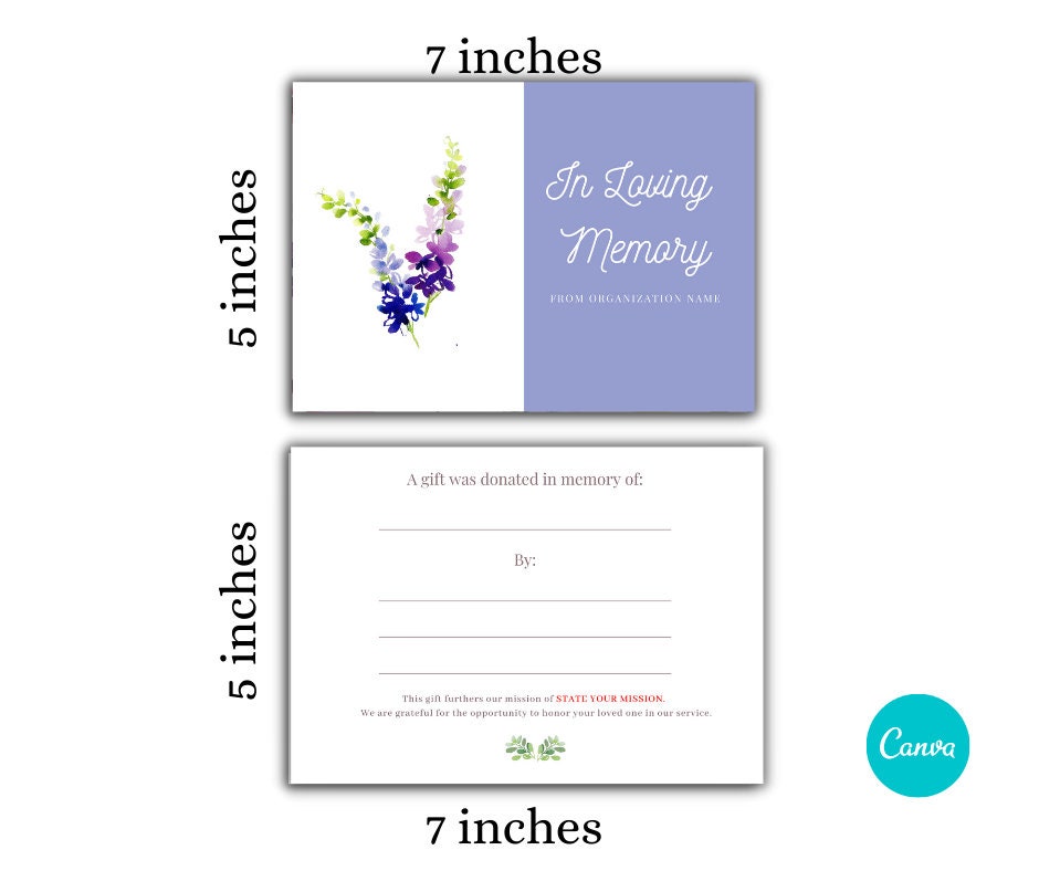 Memorial Donation Notification Card || Editable Canva Template for ...