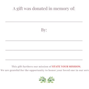 Memorial Donation Notification Card || Editable Canva Template for ...