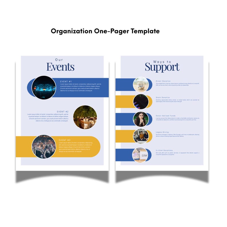 Nonprofit One-pager Canva Templates - 25 Blue Yellow Impact Layouts for ...