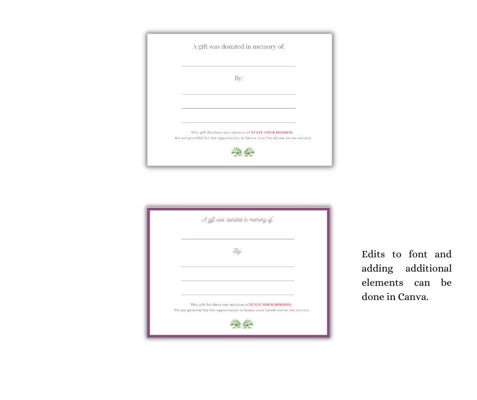 Memorial Donation Notification Card || Editable Canva Template for ...