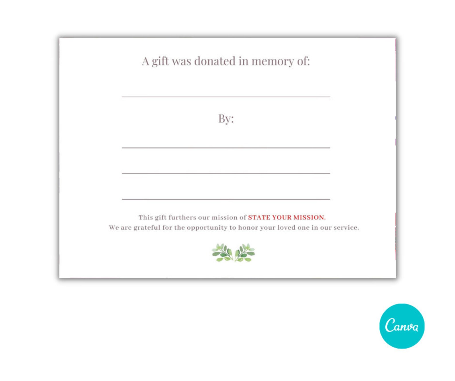 Memorial Donation Notification Card Editable Canva Template For Small 