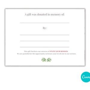 Memorial Donation Notification Card || Editable Canva Template for ...