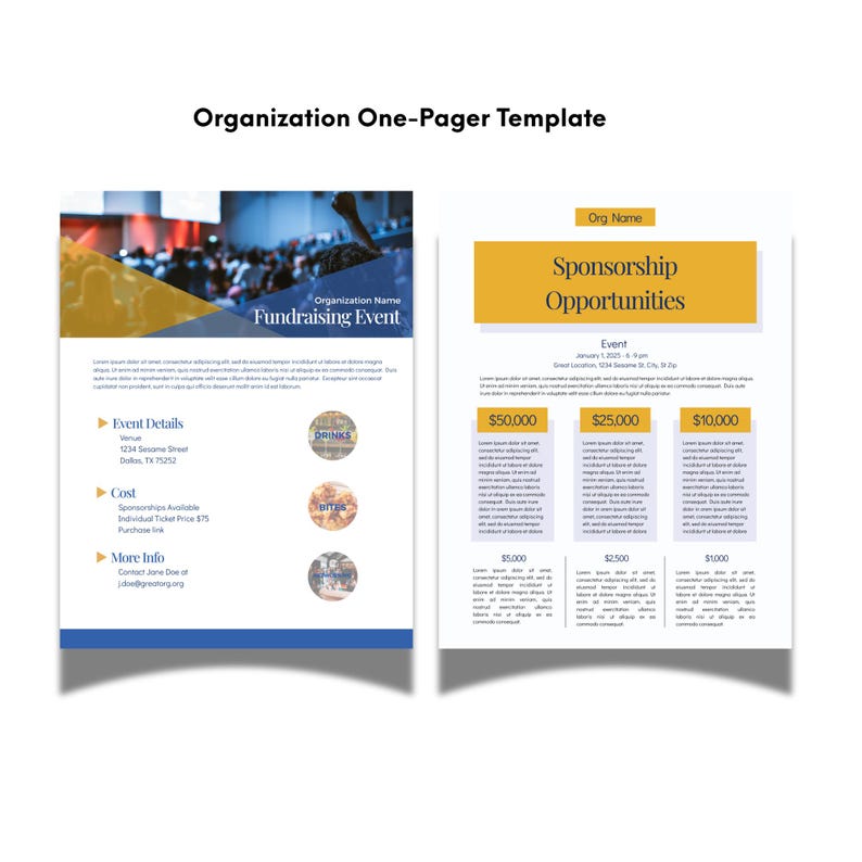 Nonprofit One-pager Canva Templates - 25 Blue Yellow Impact Layouts for ...