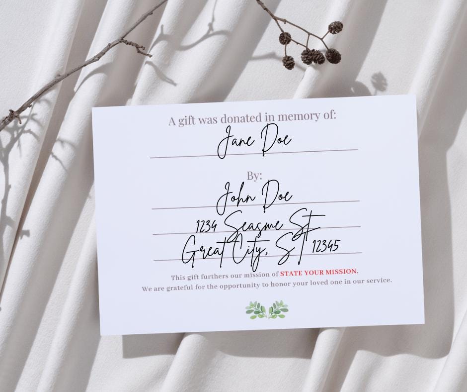 Memorial Donation Notification Card || Editable Canva Template for ...