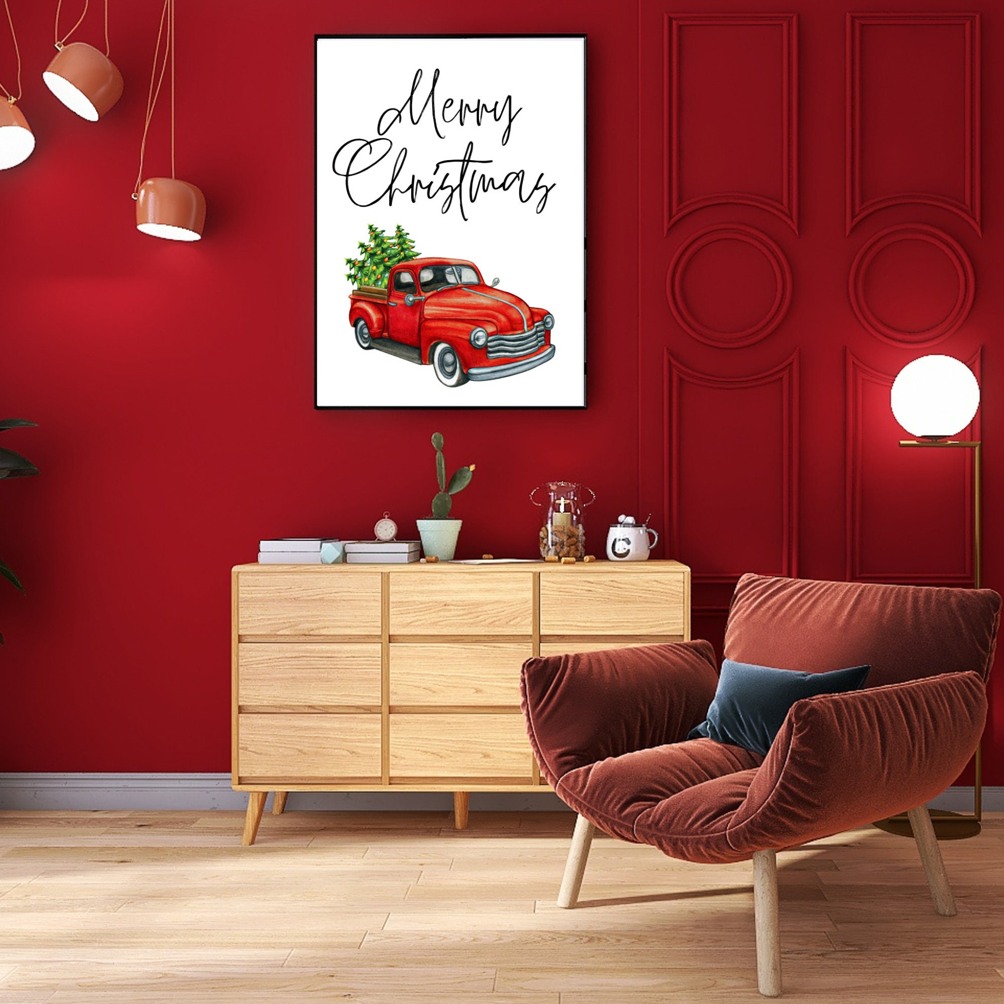 Red Truck Printable, Merry Christmas Printable, Holiday Wall Art ...