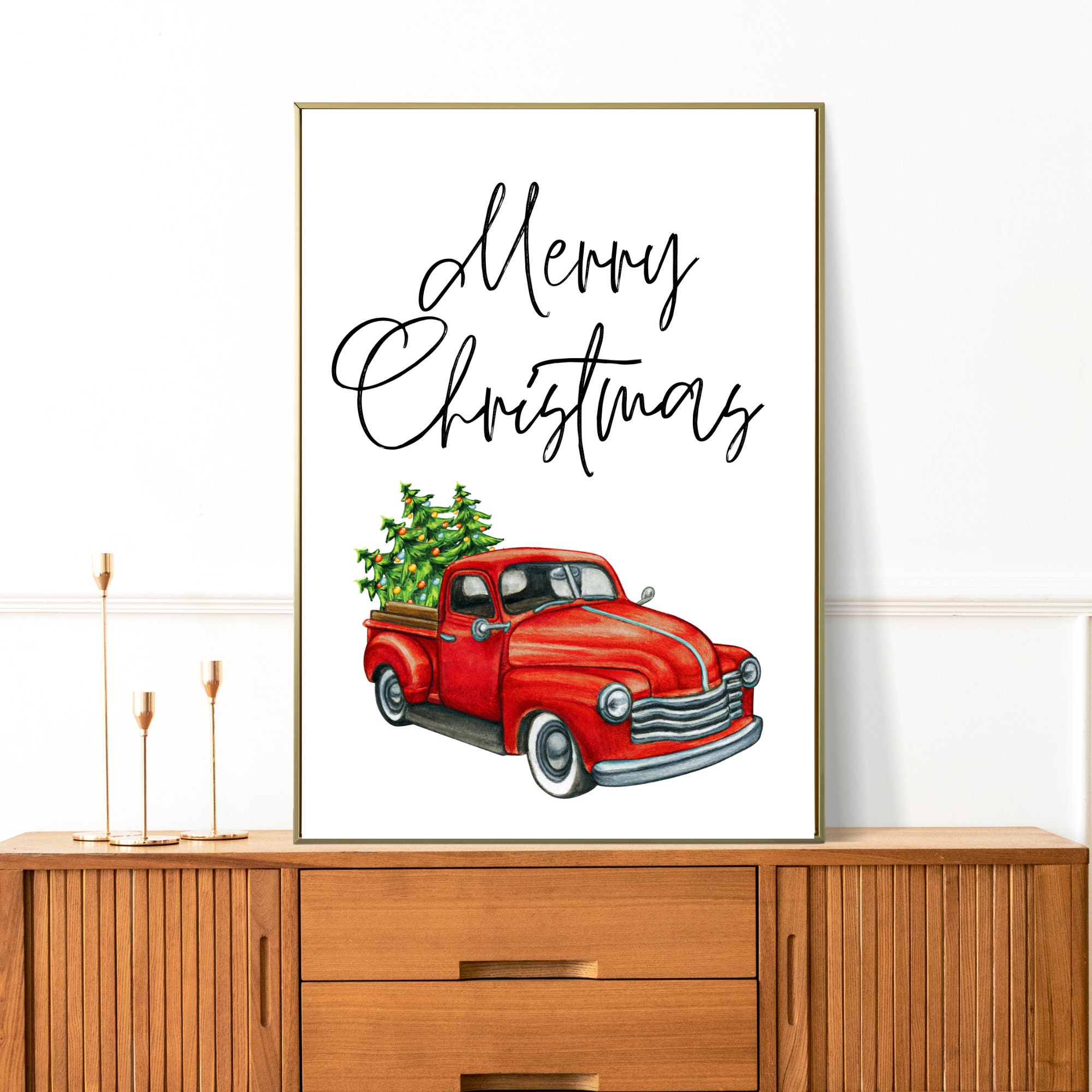 Red Truck Printable, Merry Christmas Printable, Holiday Wall Art ...