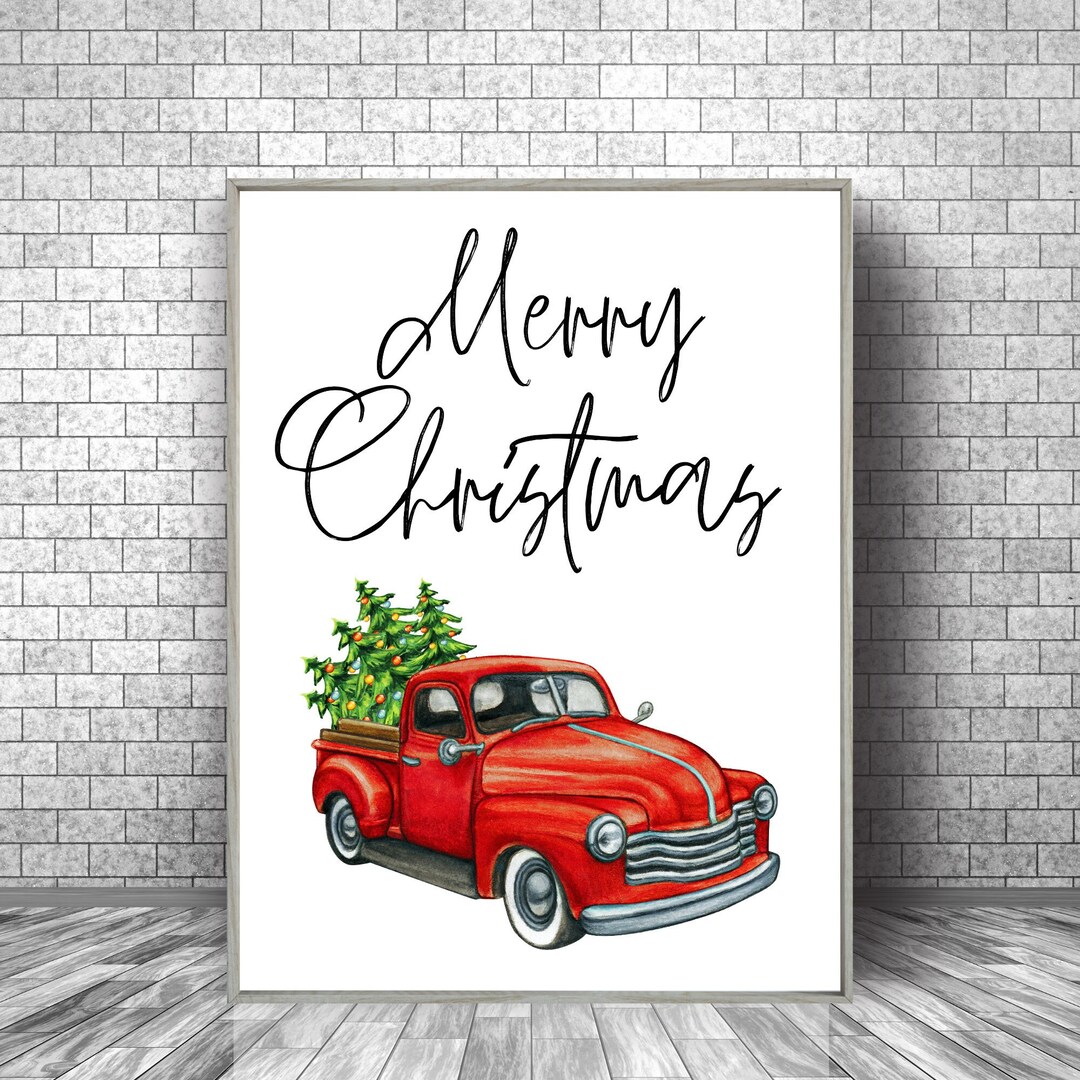 Red Truck Printable, Merry Christmas Printable, Holiday Wall Art ...