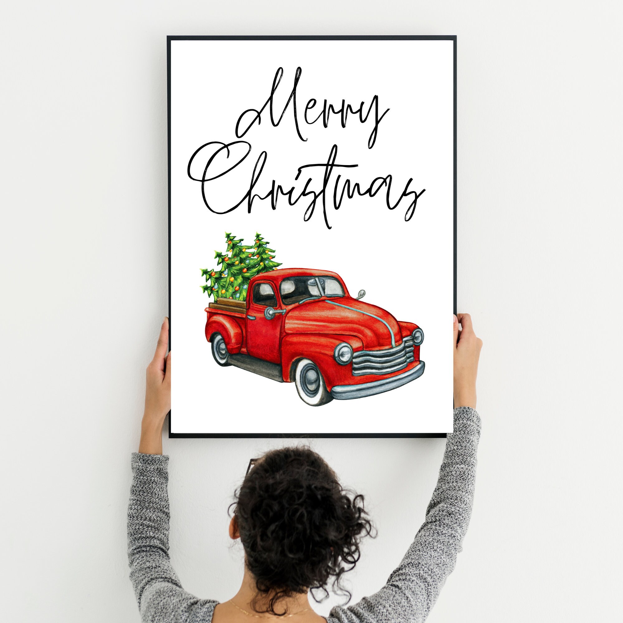 Red Truck Printable, Merry Christmas Printable, Holiday Wall Art ...