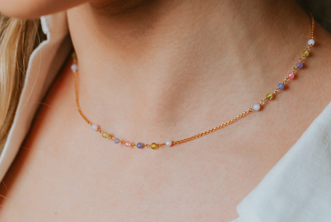 Multi Gemstone Necklace 925 Sterling Silver Tiny Gemstone - Etsy
