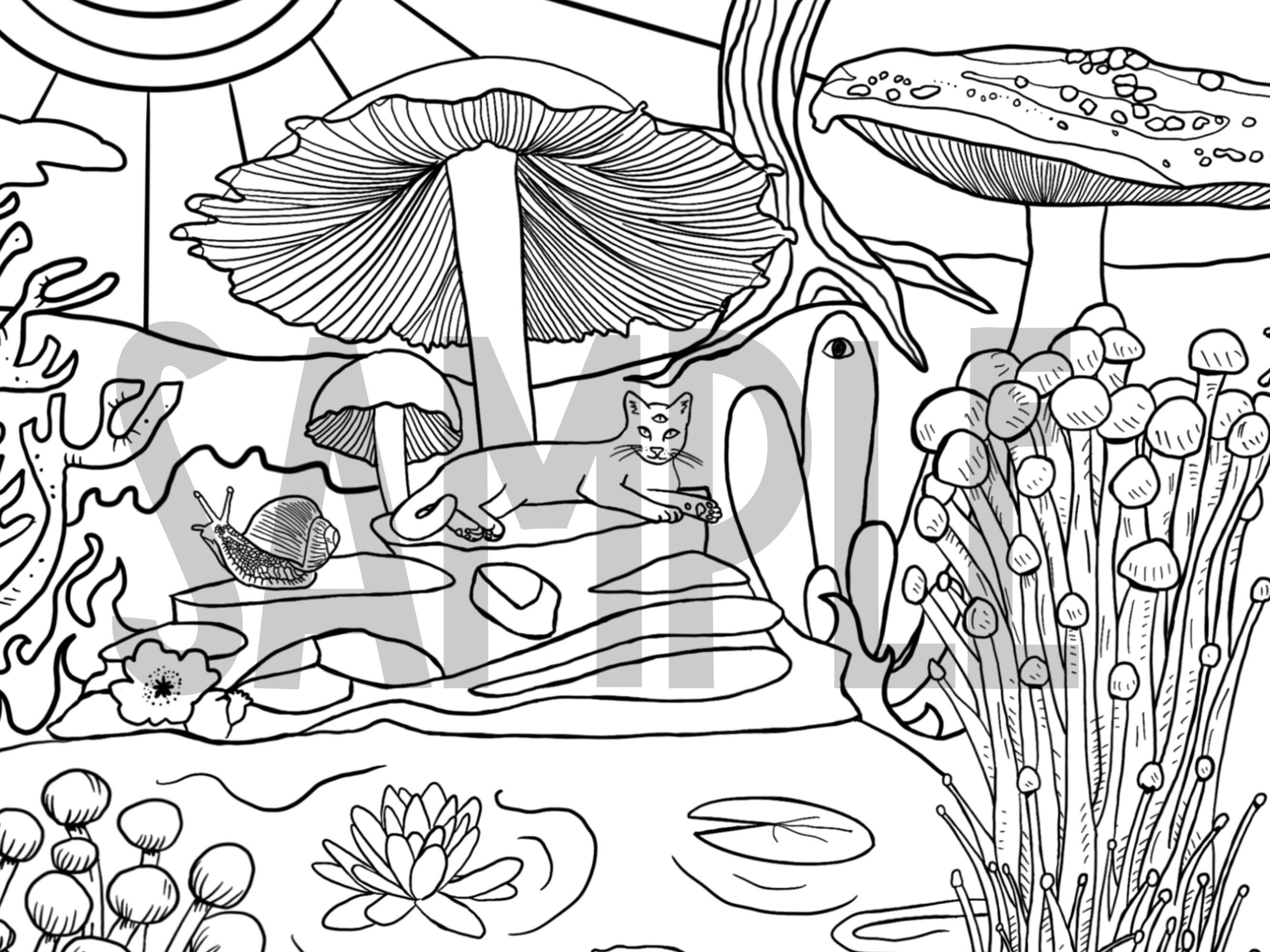 Alien Dreams Printable DIGITAL Coloring Pages | Cats Mushrooms Fantasy ...