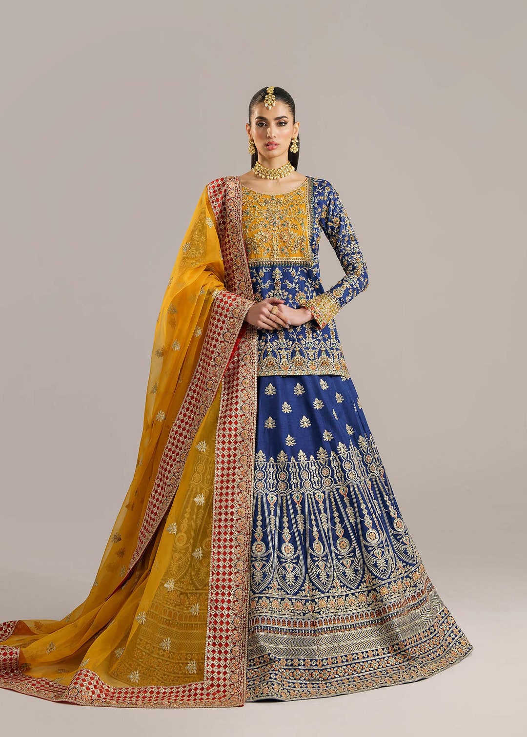 Luxury Blue and Yellow Wedding and Bridal Dress for Mehendi Night ...