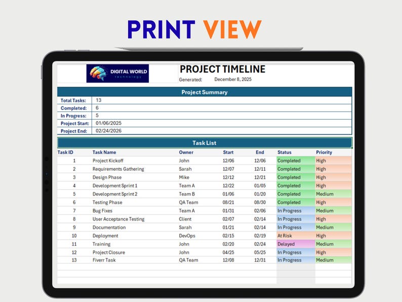 Project Timeline Template Excel Gantt Chart Planner | Project ...