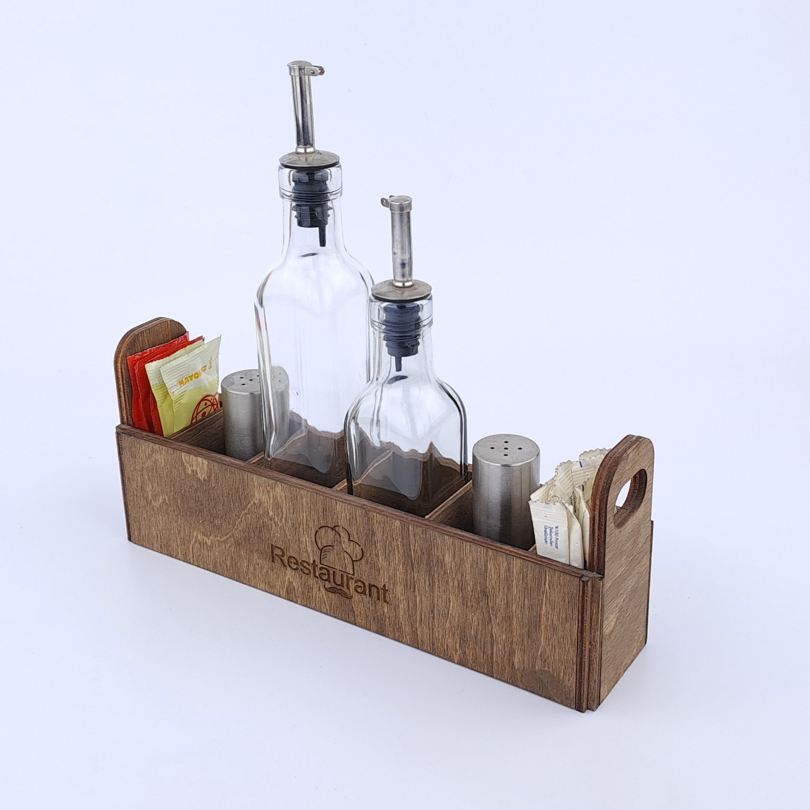 Rustic Wood Condiment Caddy With Logo, Salt Pepper Sugar Condiment ...