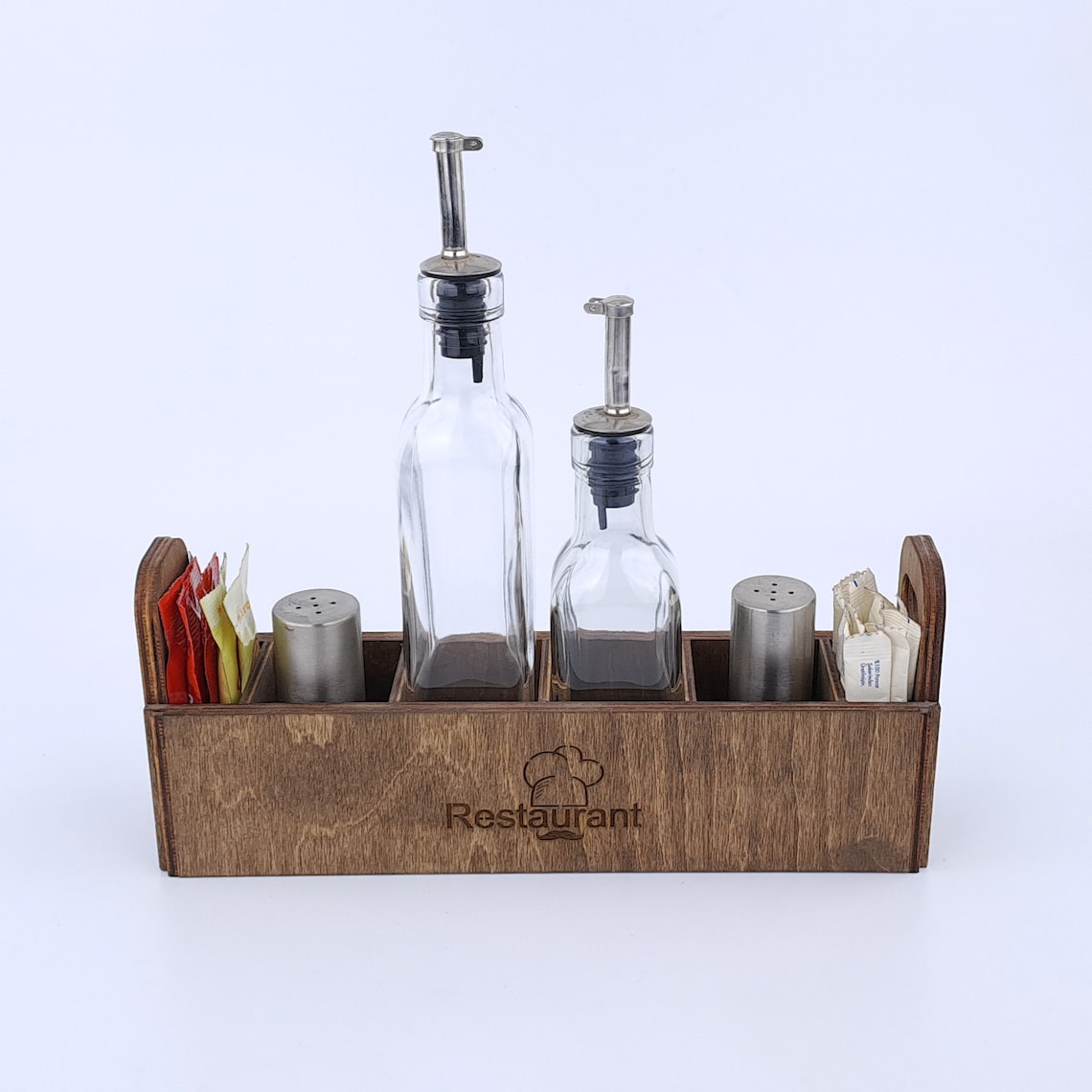 Rustic Wood Condiment Caddy With Logo, Salt Pepper Sugar Condiment ...