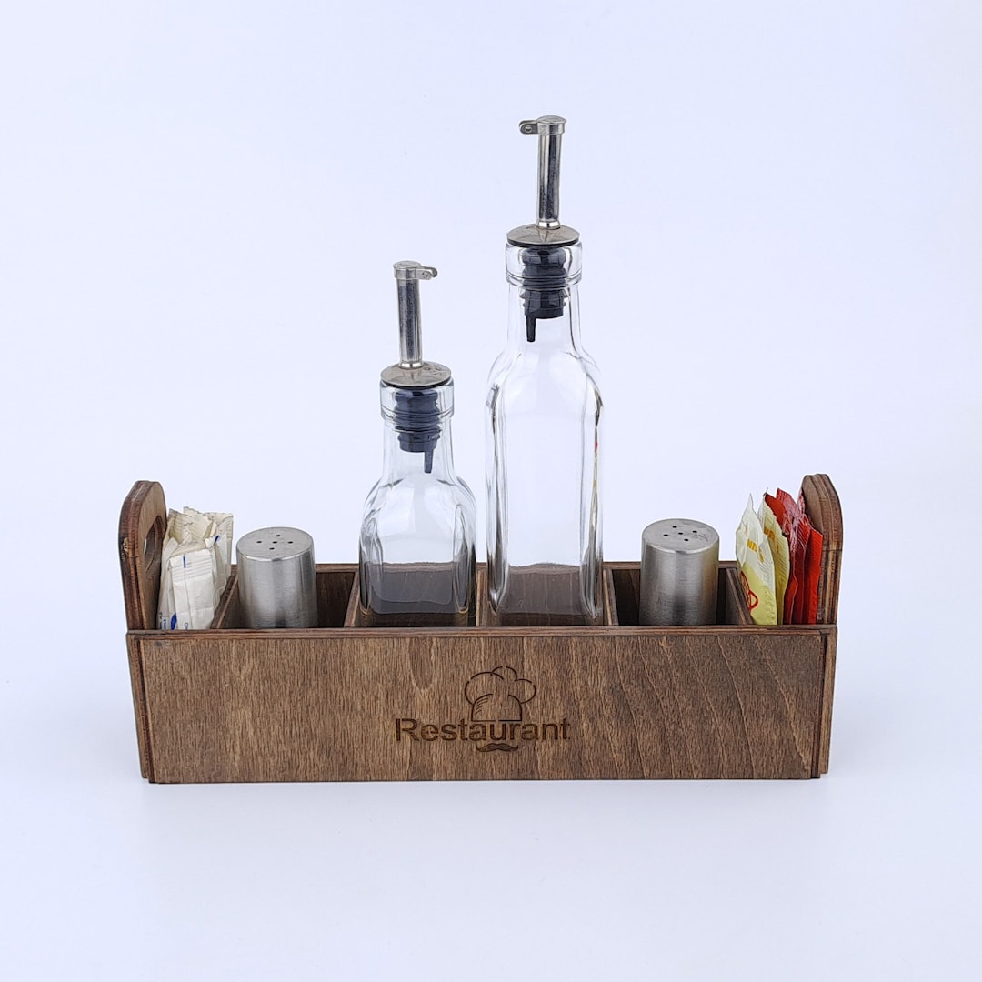 Rustic Wood Condiment Caddy With Logo, Salt Pepper Sugar Condiment ...