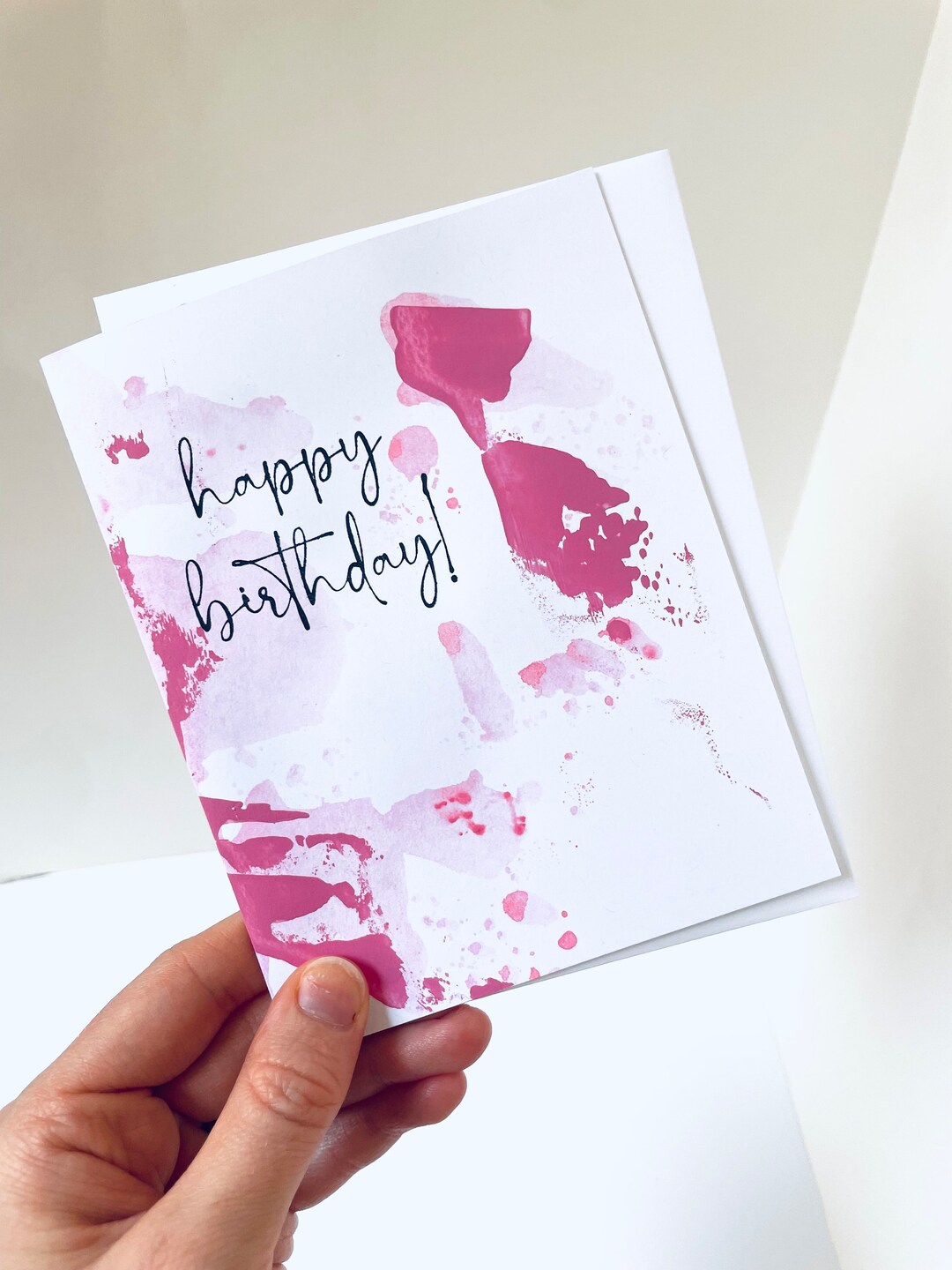 Pink Abstract Happy Birthday Card, Hand Made Party Notecard ...