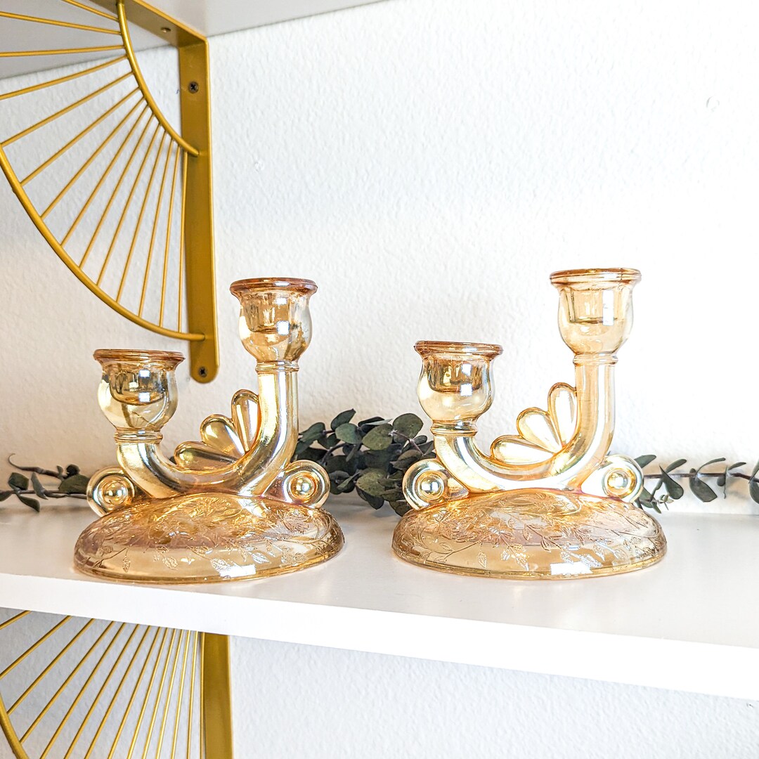 Pair of 2 Vintage Glass Jeanette Floragold Double Candle Holders ...