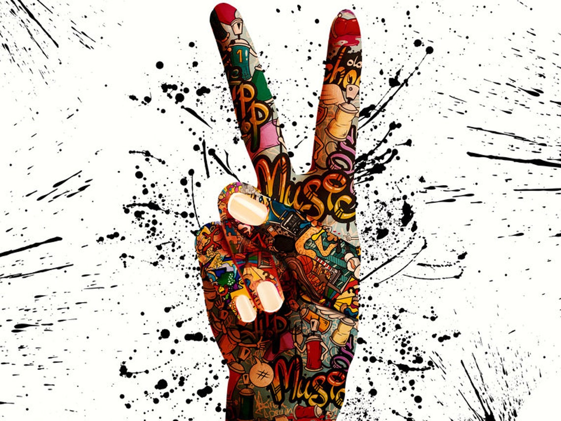 VICTORY SIGN, GRAFFITI Hand Print Designer Wall Art, Digital Glossy ...
