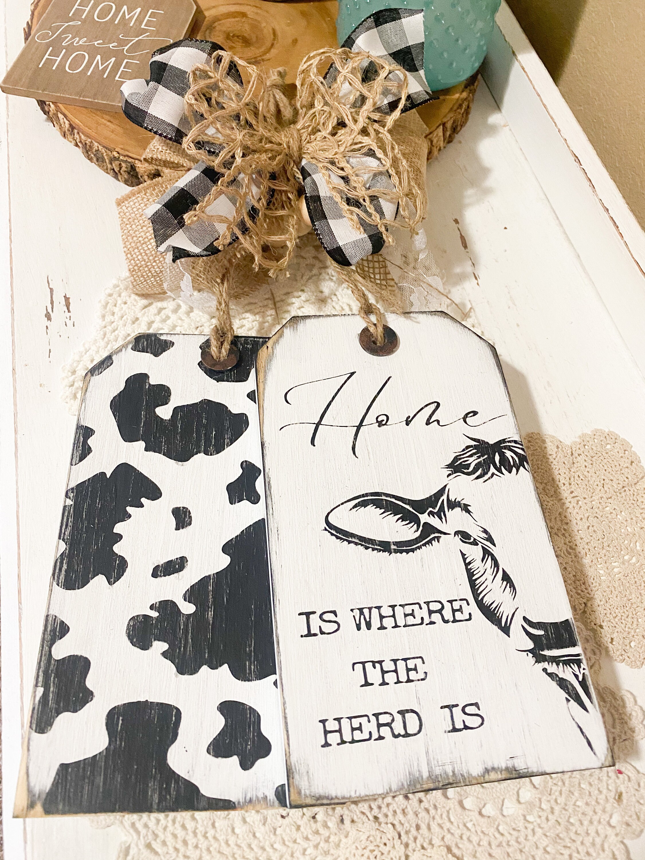 Farmhouse Wooden Door Tag Hanger / Cow Print / Door Hanger / Front ...