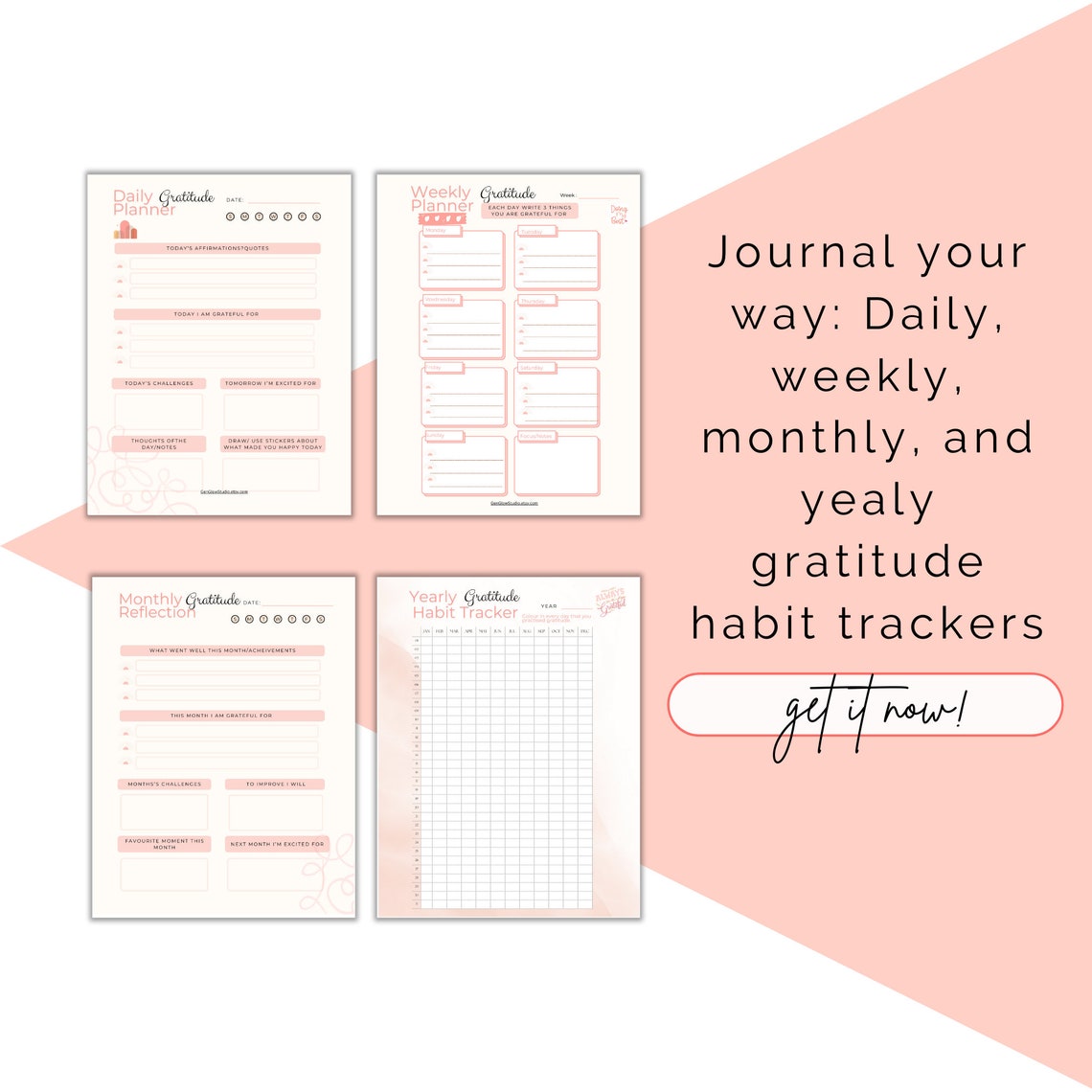 Gratitude Journal Printable Pack - 11 Pages of Daily, Weekly, & Monthly ...