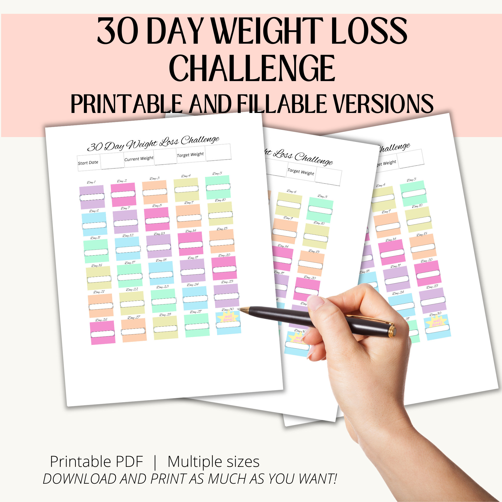 30 Day Weight Loss Tracker Challenge Printable Reach Your Fitness Goals ...