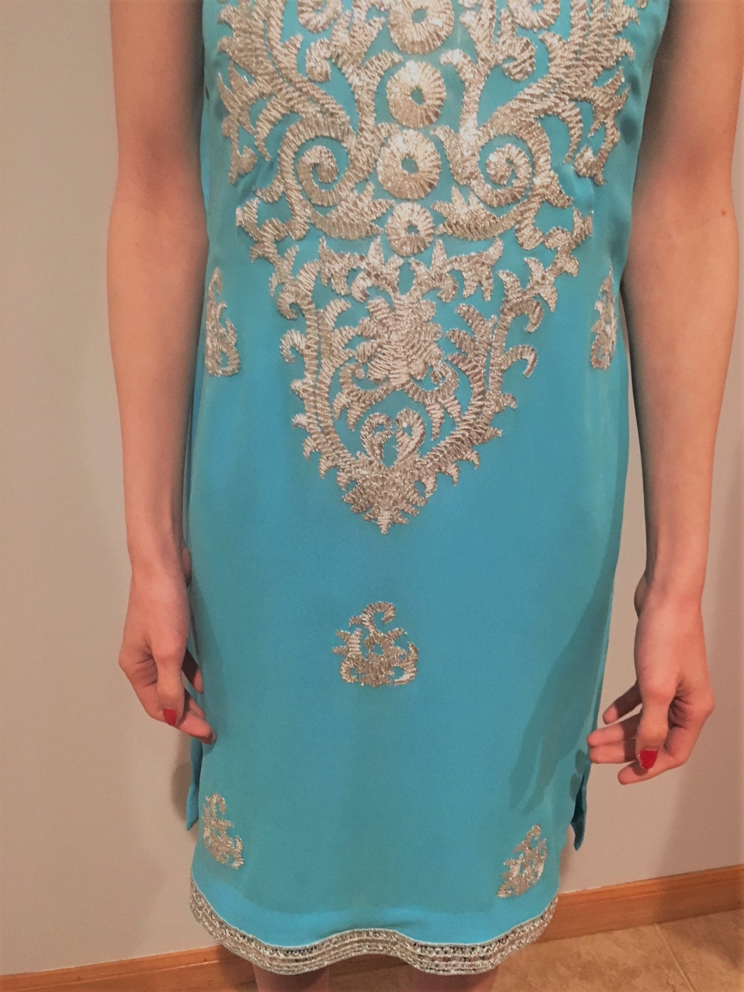 Vintage 60s Aqua Blue Dress Size Extra Extra Small Vintage Silver ...