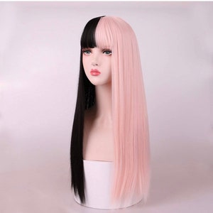 Half Black Wig,half Pink Wig,split Dye Wigs,split Dye Pink and Black Wig With Bang,wig for Women ...