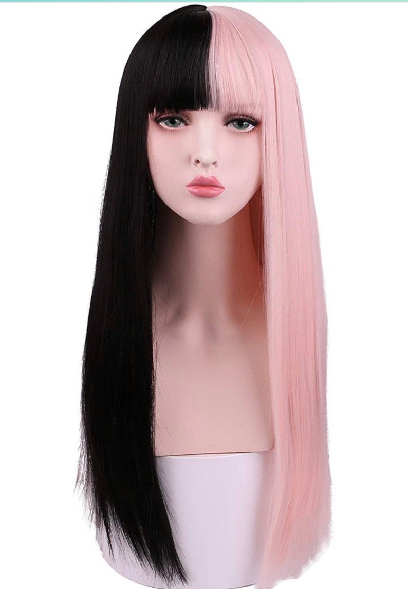 Half Black Wig,half Pink Wig,split Dye Wigs,split Dye Pink and Black Wig With Bang,wig for Women ...