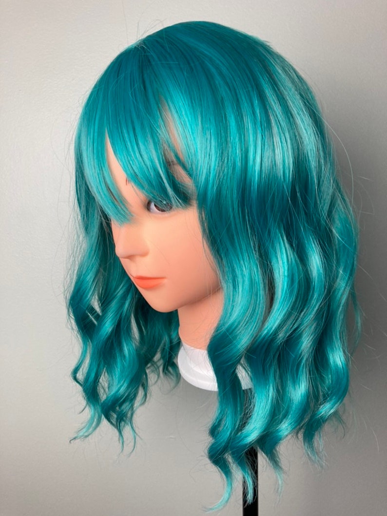 Light Blue Wig,teal Blue Wigs,short Bob Wavy Wig,blue Wig With Bang ...