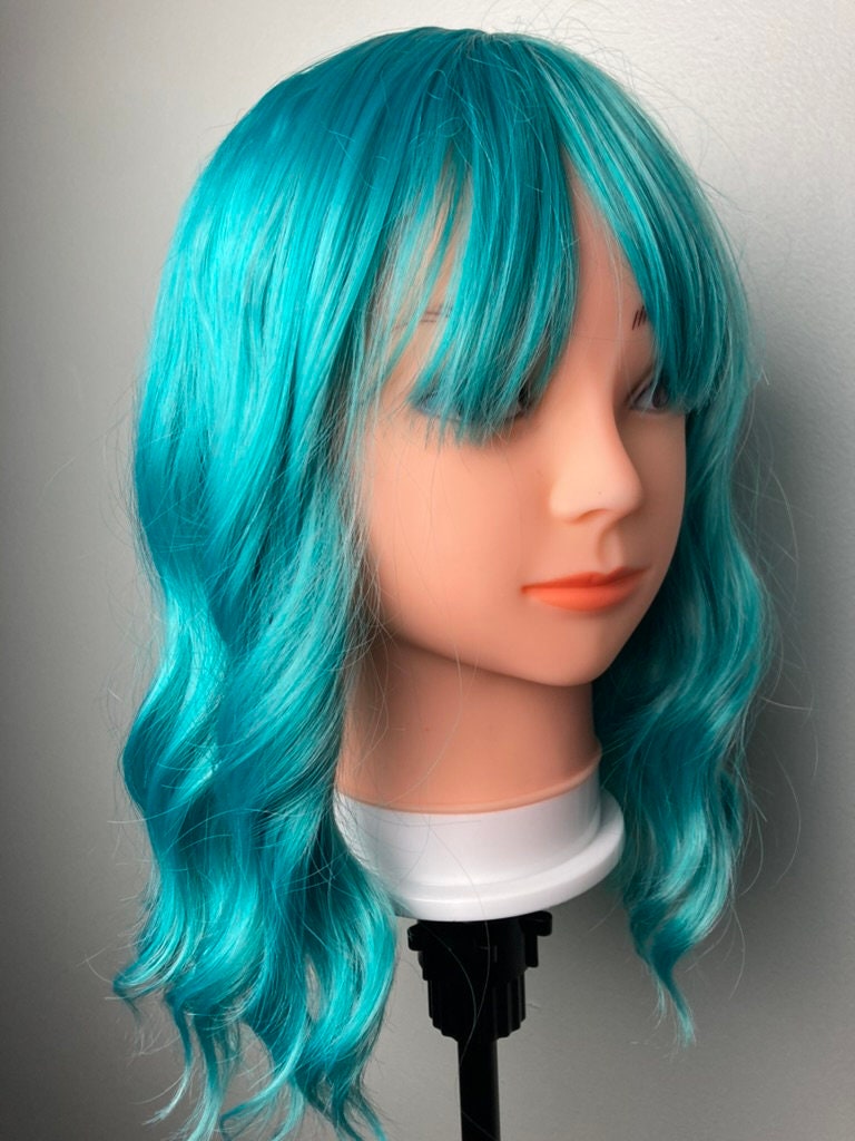 Light Blue Wig,teal Blue Wigs,short Bob Wavy Wig,blue Wig With Bang ...