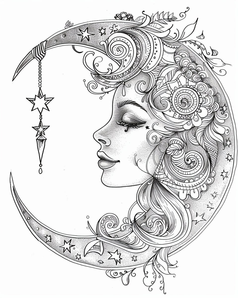 Boho Chic Moon Coloring Pages: Lunar Designs (PNG, Instant Download) - Etsy