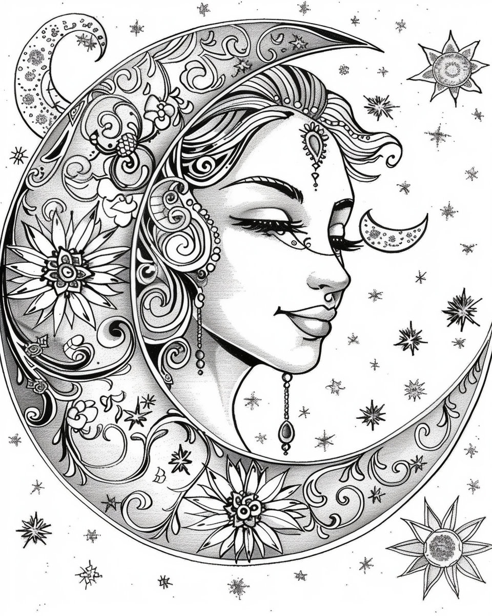 Boho Chic Moon Coloring Pages for Adults, Teens Lunar Elegance and Boho ...