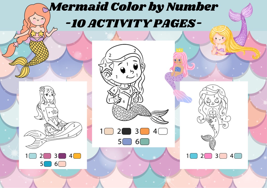 Mermaid Color by Number, 10 Printable Coloring Pages, Cute Mermaids ...