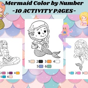 Mermaid Color by Number, 10 Printable Coloring Pages, Cute Mermaids ...