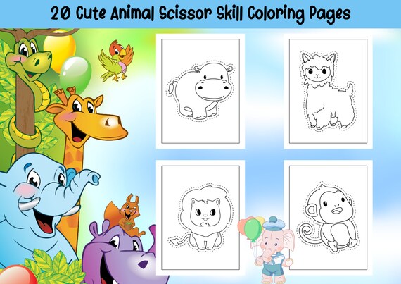 20 Cute Animal Scissor Skill Printable Coloring Pages for Kids | Etsy