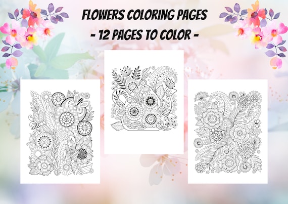 Relaxing Flowers Coloring Pages Coloring Book for Adults | Etsy