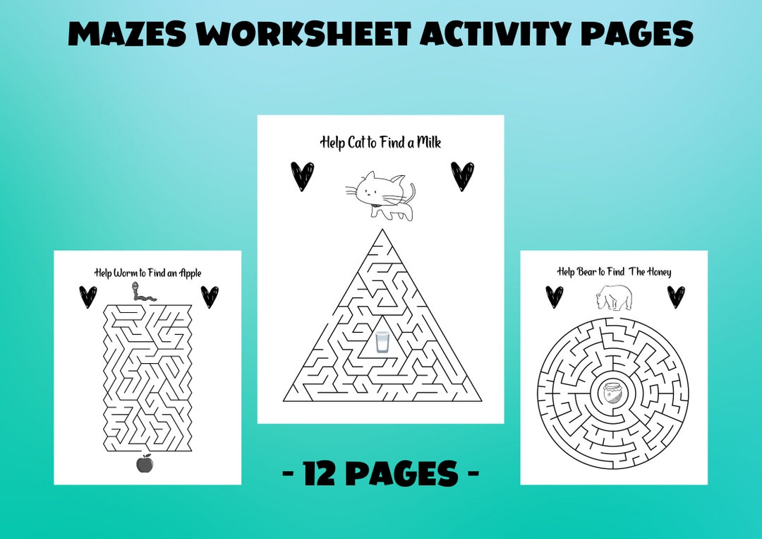 12 Mazes Worksheet Activity Pages for Kids, Fun and Challenging Mazes ...