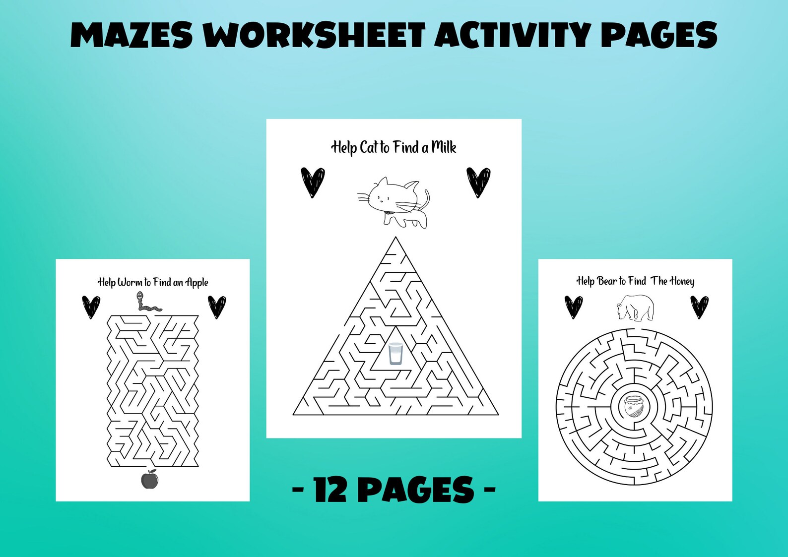 12 Mazes Worksheet Activity Pages for Kids, Fun and Challenging Mazes ...