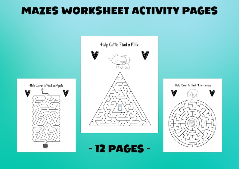 12 Mazes Worksheet Activity Pages for Kids, Fun and Challenging Mazes ...